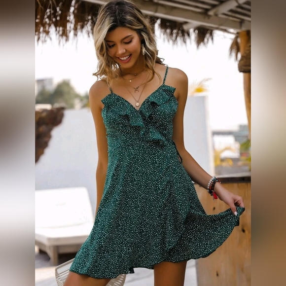 Dresses | New Flirty Dot Printed Ruffle Wrap Cami Dress Green Short ...